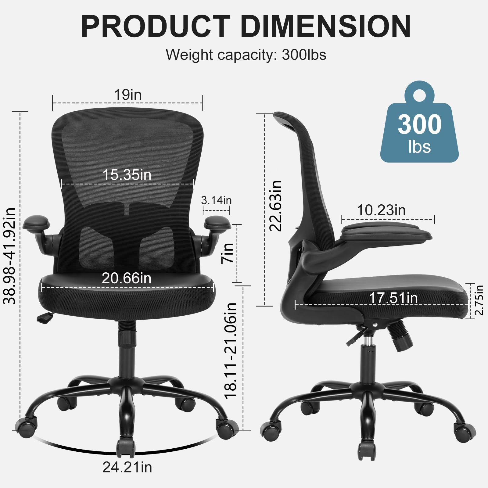 HOMIFYCO Office Chair, Ergonomic Desk Chair with Flip-up Armrests, PU Leather Computer Chair Home Office Desk Chairs with Lumbar Support, Mesh Swivel Executive Chair Rolling Task Chair, Black