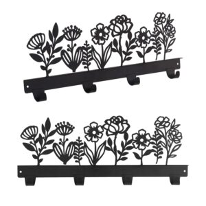 Wall Mounted Metal Towel Rack with 4 Hooks Black Metal Towel Holder for Bathroom Space Saving, Waterproof Rustproof Easy Install Bathroom Decor Towel Hanger Organizer(Flower) (Stylish 01)