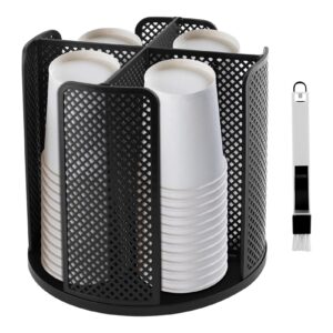 rotatable coffee cup dispenser for 5-16oz cups coffee organizer with cleaning brush station cup dispenser cup organizer coffee station for restaurant coffee station bar office(color:black)