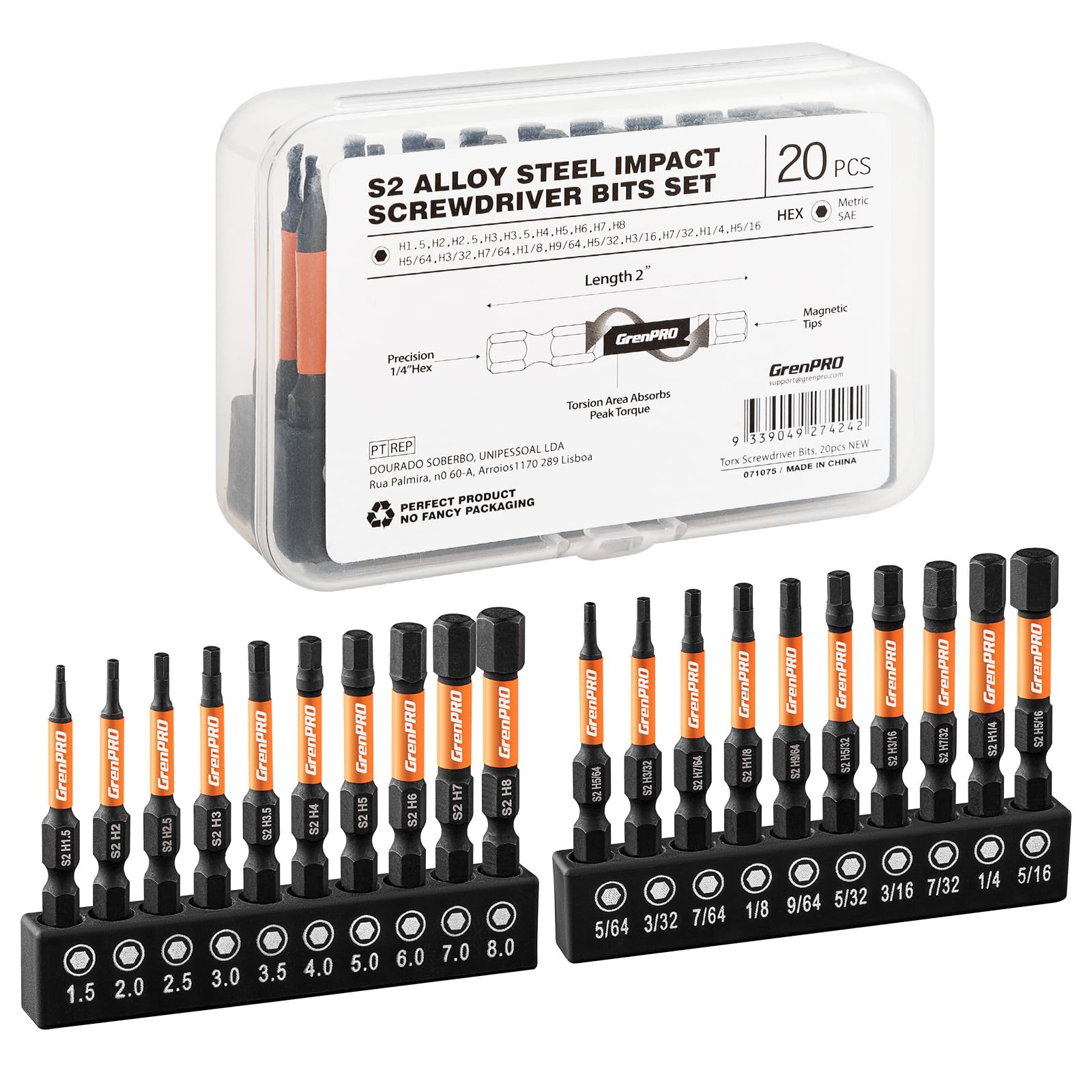 GRENPRO Impact Hex Head Allen Wrench Drill Bit Set 20pcs (Metric&SAE), 1/4" Impact Hex Shank S2 Steel Hex Bit Set, Allen Key Drill Screwdriver Bit Set With Magnetism&2” Long With Storage Box.