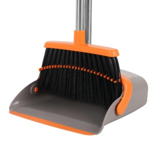 broom and dustpan set house brooms for sweeping indoor collapsible broom and dust pan combo for home office kitchen lobby floor pet hair indoor&outdoor cleaning (gray&orange)