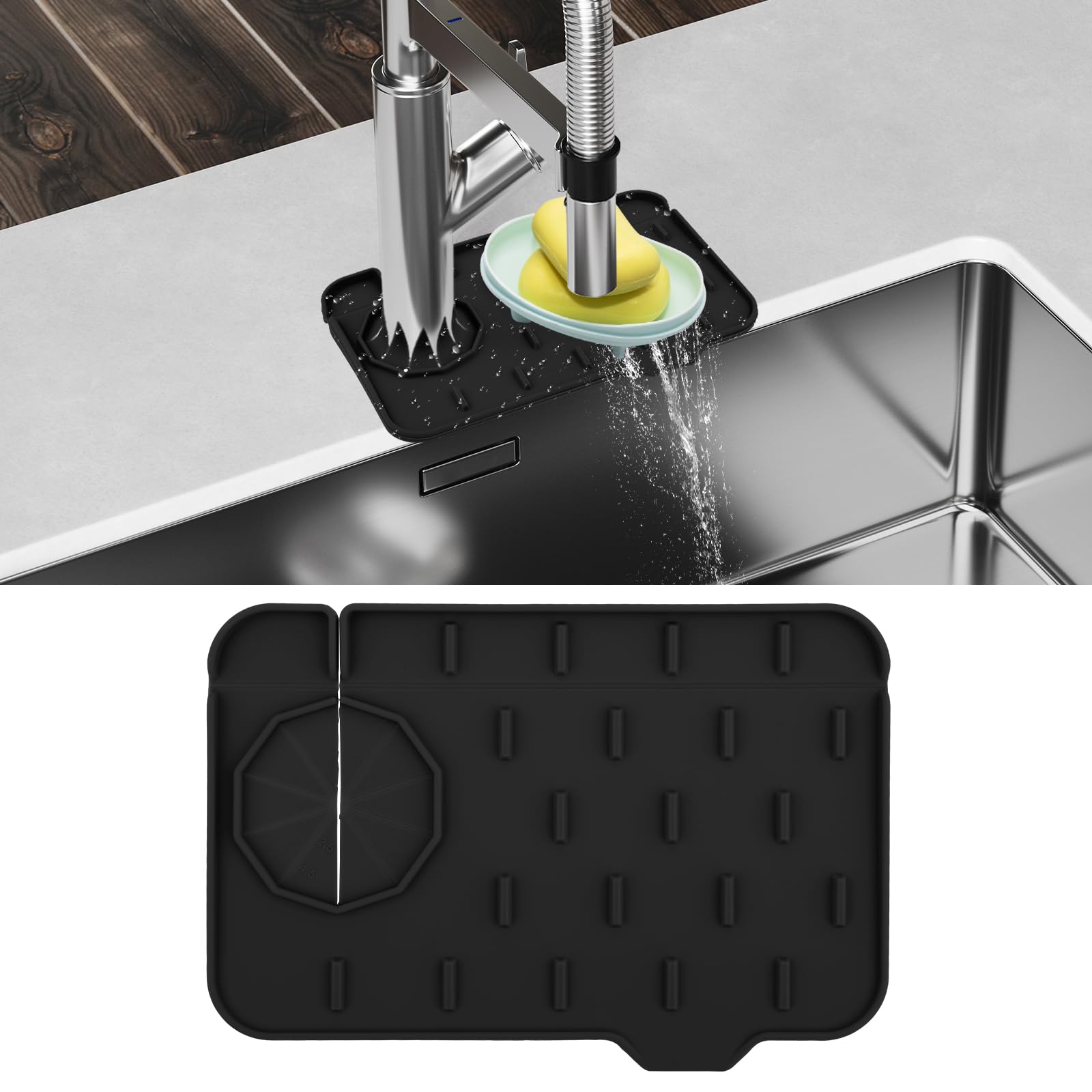 Dimeho Sink Faucet Splash Guard Mat Silicone Soap Dish Pad Faucet Handle Drip Catch Sponge Holder Sink Protector Trays for Bathroom Kitchen Countertop Gadgets Accessories 8.3 x 5.7 Inch(Black)