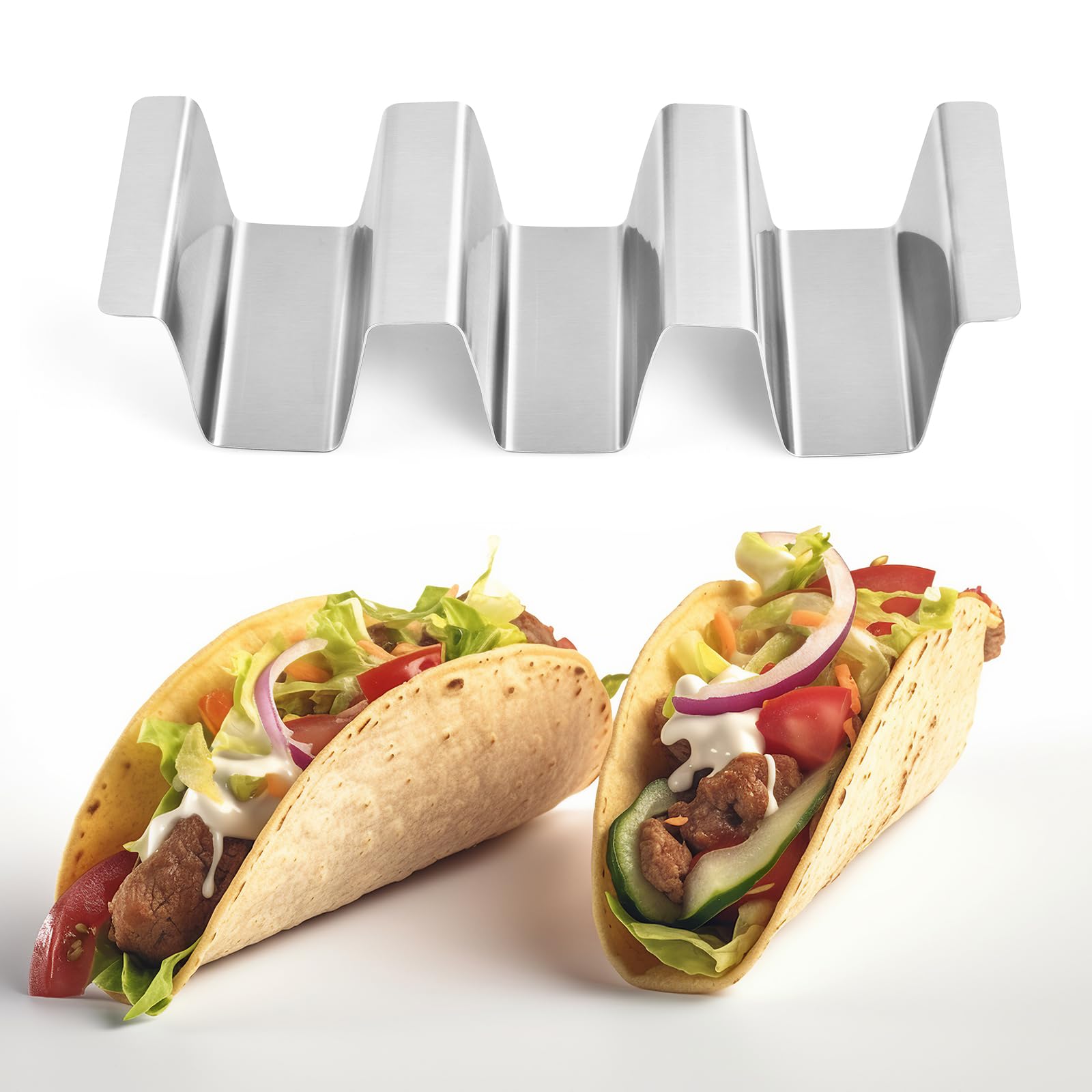 Taco Holder Set of 4-Taco Holders for 3 Tacos Stainless Steel Taco Stand Tray Shell Holder Taco Party Metal Taco Holder Taco Stands Set of 4,Taco Rack-Easy to Clean Dishwasher Safe,Street Taco Ready