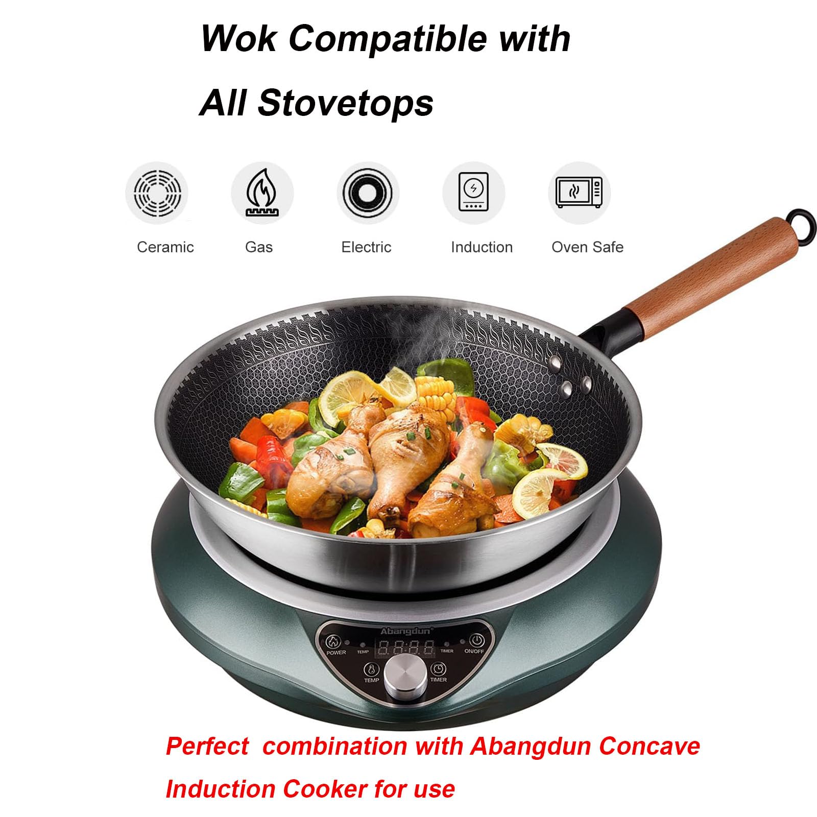 Abangdun 13.4 inch Non Stick Frying Wok Stainless Steel Stir-fry Wok Honeycomb Concave Wok Works on Concave