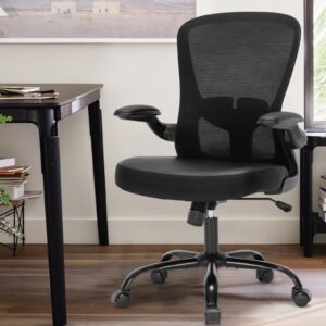 HOMIFYCO Office Chair, Ergonomic Desk Chair with Flip-up Armrests, PU Leather Computer Chair Home Office Desk Chairs with Lumbar Support, Mesh Swivel Executive Chair Rolling Task Chair, Black