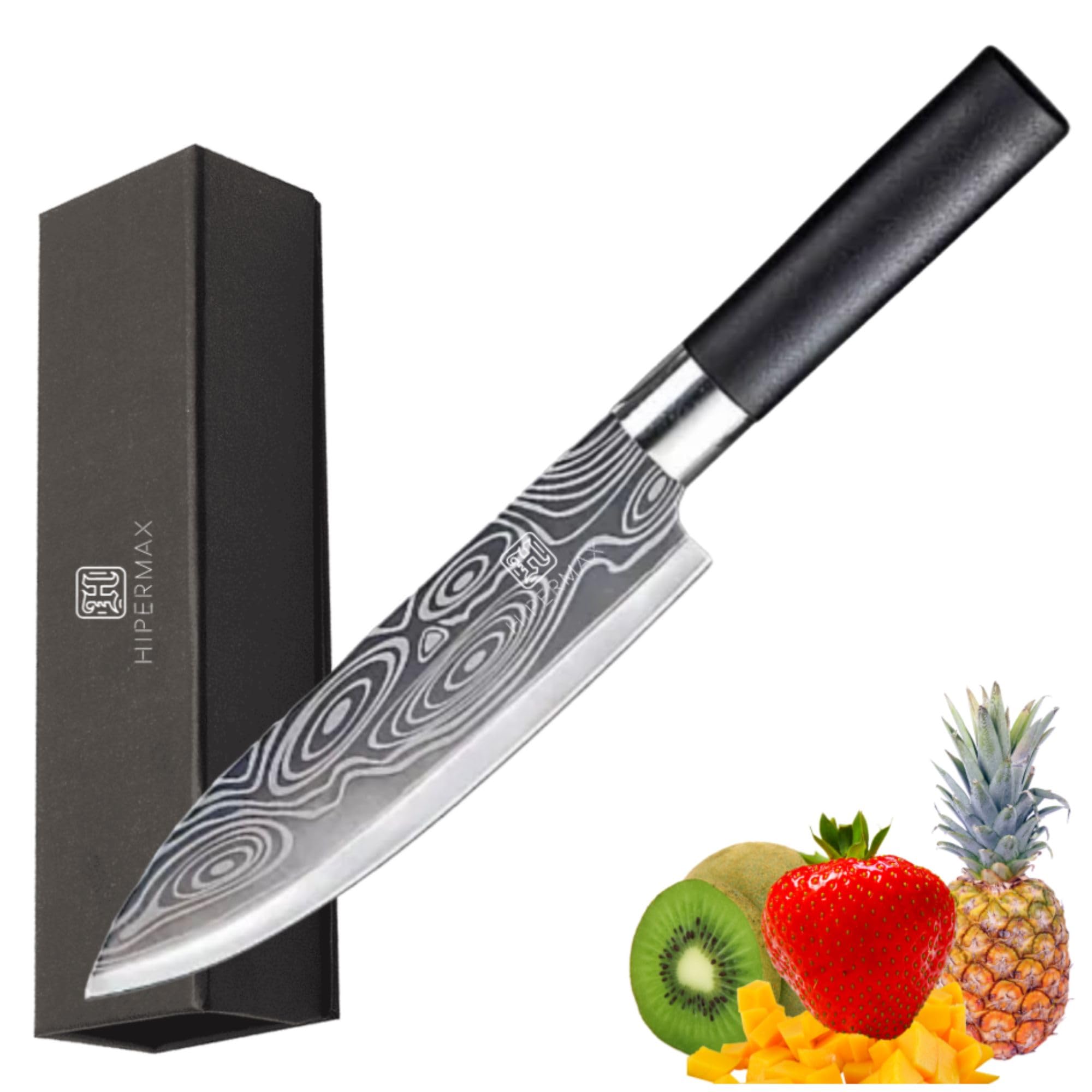 HIPERMAX kitchen knife professional multi-purpose 7 inch Damascus model, sharpened stainless steel with black ergonomic plastic handle for cutting food, deluxe gift box