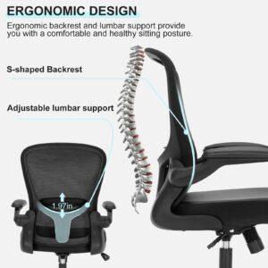 HOMIFYCO Office Chair, Ergonomic Desk Chair with Flip-up Armrests, PU Leather Computer Chair Home Office Desk Chairs with Lumbar Support, Mesh Swivel Executive Chair Rolling Task Chair, Black