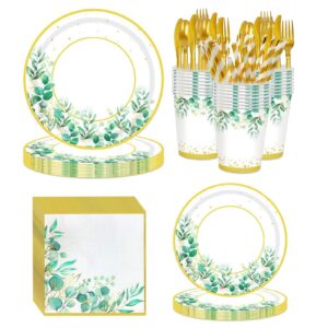 192pcs sage green party decorations sage green plates napkins cups straws cutleries party supplies eucalyptus greenery tableware for baby shower bridal shower birthday gender neutral, serves 24