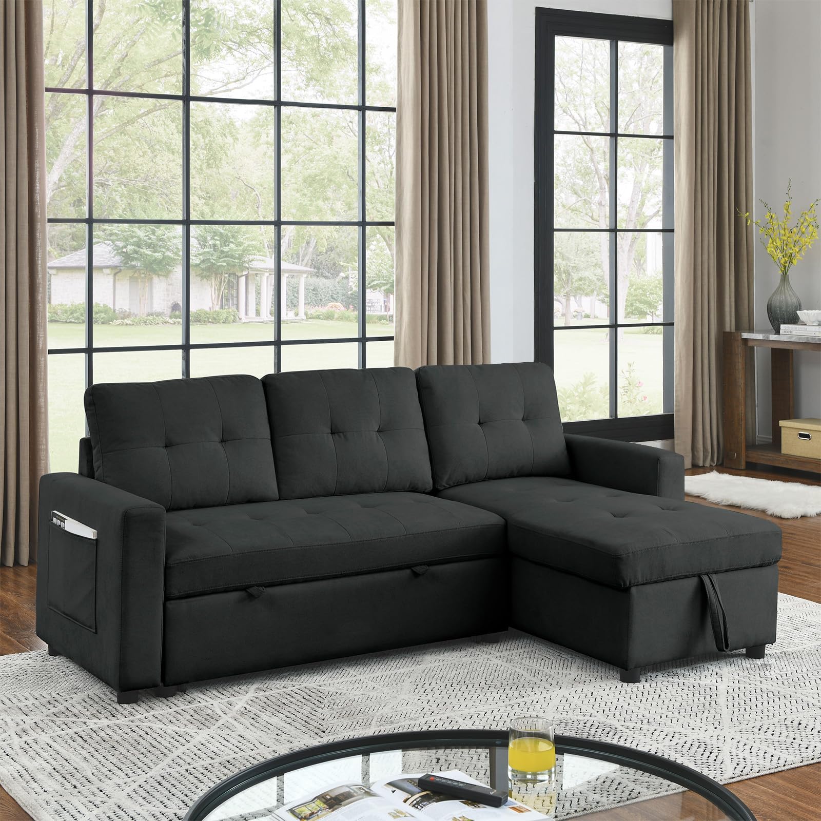 Sectional Couch,78.5 Inch Convertible 3-Seater Pull Out Sleeper Sofa Bed,Comfy Upholstered L-Shaped Couch,Modern Modular Sofa with Reversible Storage Chaise for Living Room/Apartment/Office(Black)