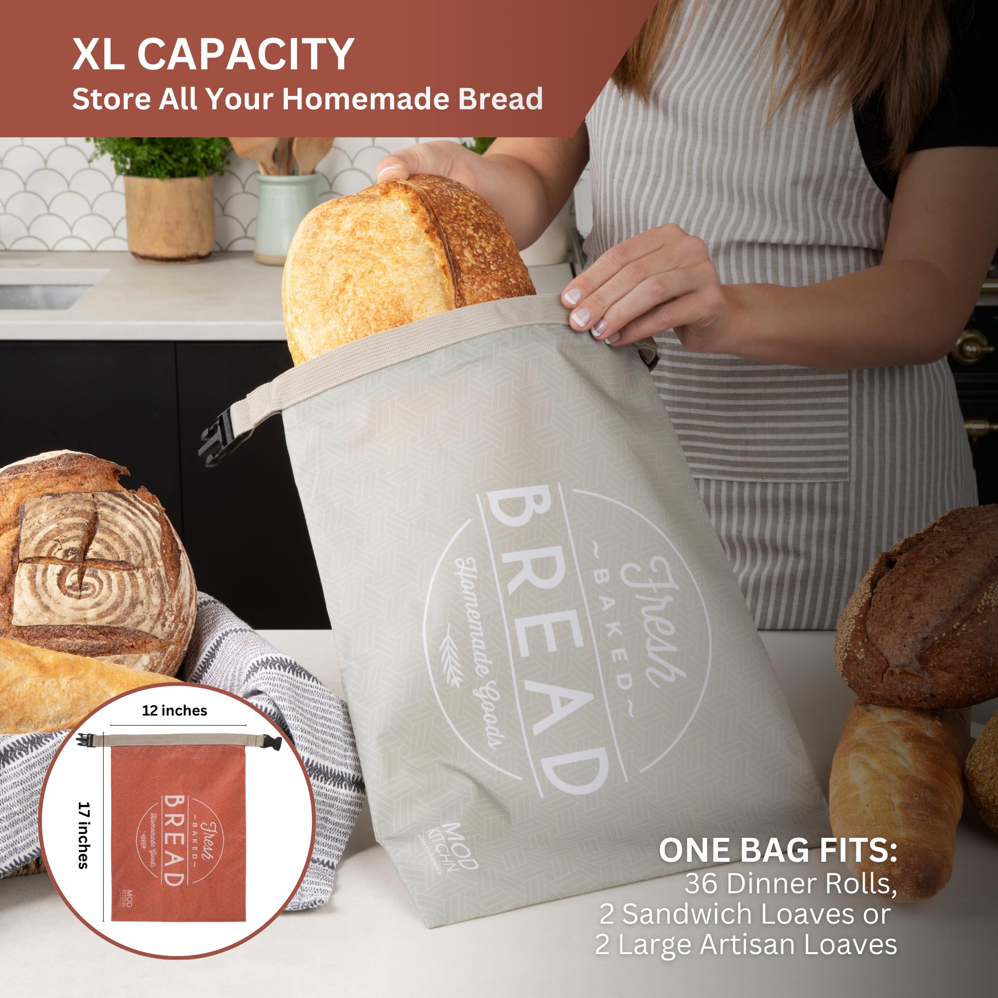 ModKitchn Reusable Bread Bags for Homemade Bread, 2-Pack XL Sourdough Bread Bags, Freezer Safe Bread Container, Bread Storage for Homemade Bread, Perfect Bread Making Accessories