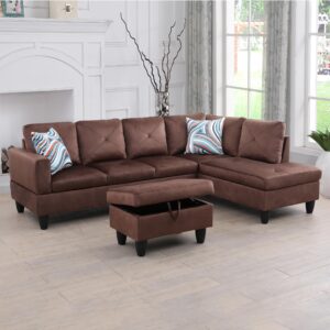 emkk l-shape sectional sofa with storage ottoman, 4-seat couch with chaise fabric upholstered for living room, apartment, office