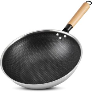 abangdun 13.4 inch non stick frying wok stainless steel stir-fry wok honeycomb concave wok works on concave