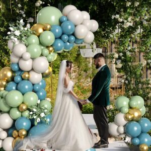 Dusty Blue Green Balloon Arch Garland Kit, Sage Green Dusty Blue Party Balloons with Sand White Gold Balloons Latex Birthday Balloon for Boho Baby Shower Wedding Bridal Birthday Party Decorations