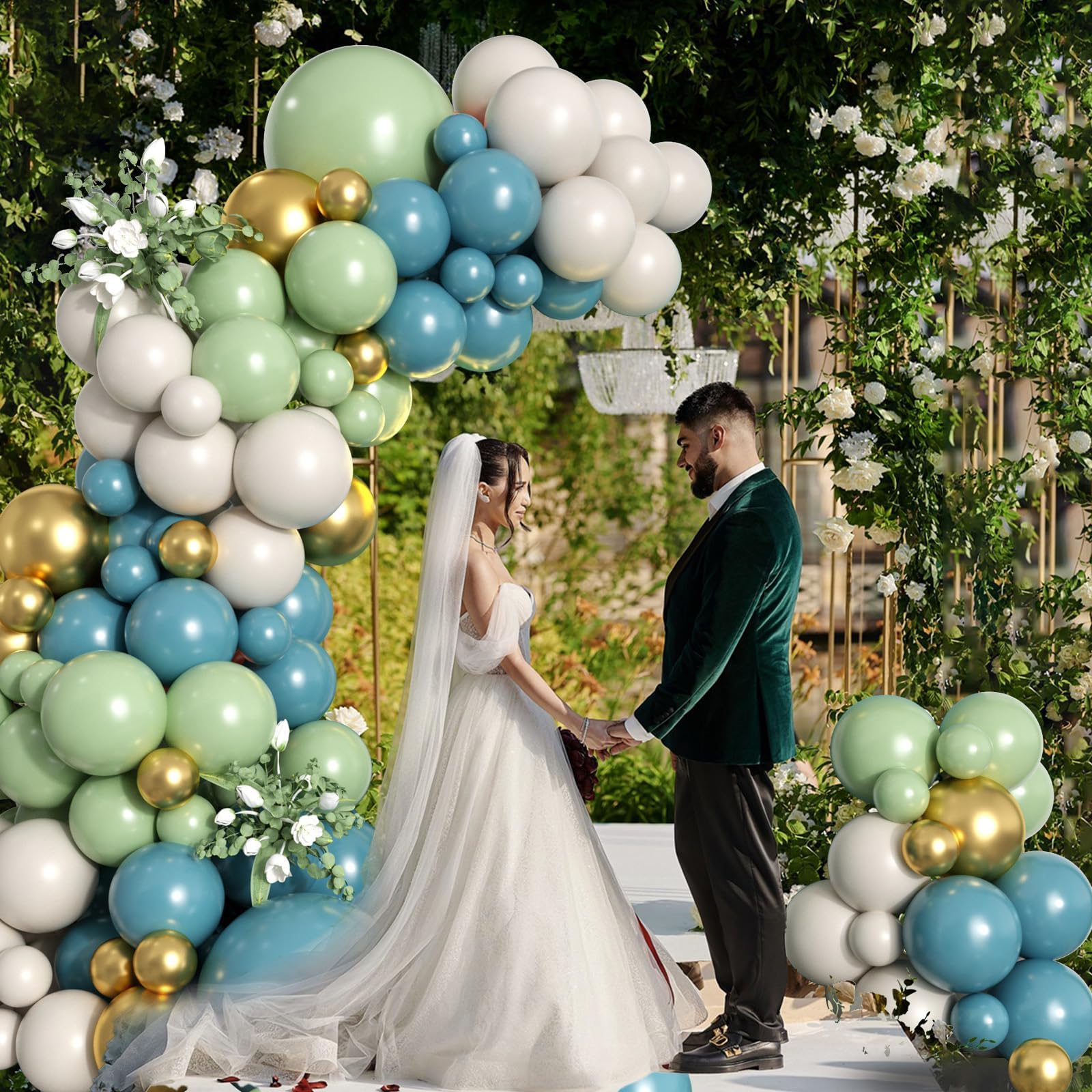 Dusty Blue Green Balloon Arch Garland Kit, Sage Green Dusty Blue Party Balloons with Sand White Gold Balloons Latex Birthday Balloon for Boho Baby Shower Wedding Bridal Birthday Party Decorations