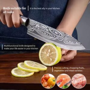 HIPERMAX kitchen knife professional multi-purpose 7 inch Damascus model, sharpened stainless steel with black ergonomic plastic handle for cutting food, deluxe gift box