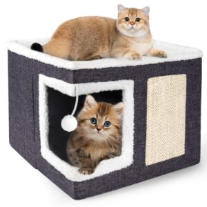 loyareal cat houses for indoor cats - large cat bed cave for cat house with scratch pad and fluffy ball, foldable cat hideaway with reversible cushion cat condo for multi small pet, dark grey