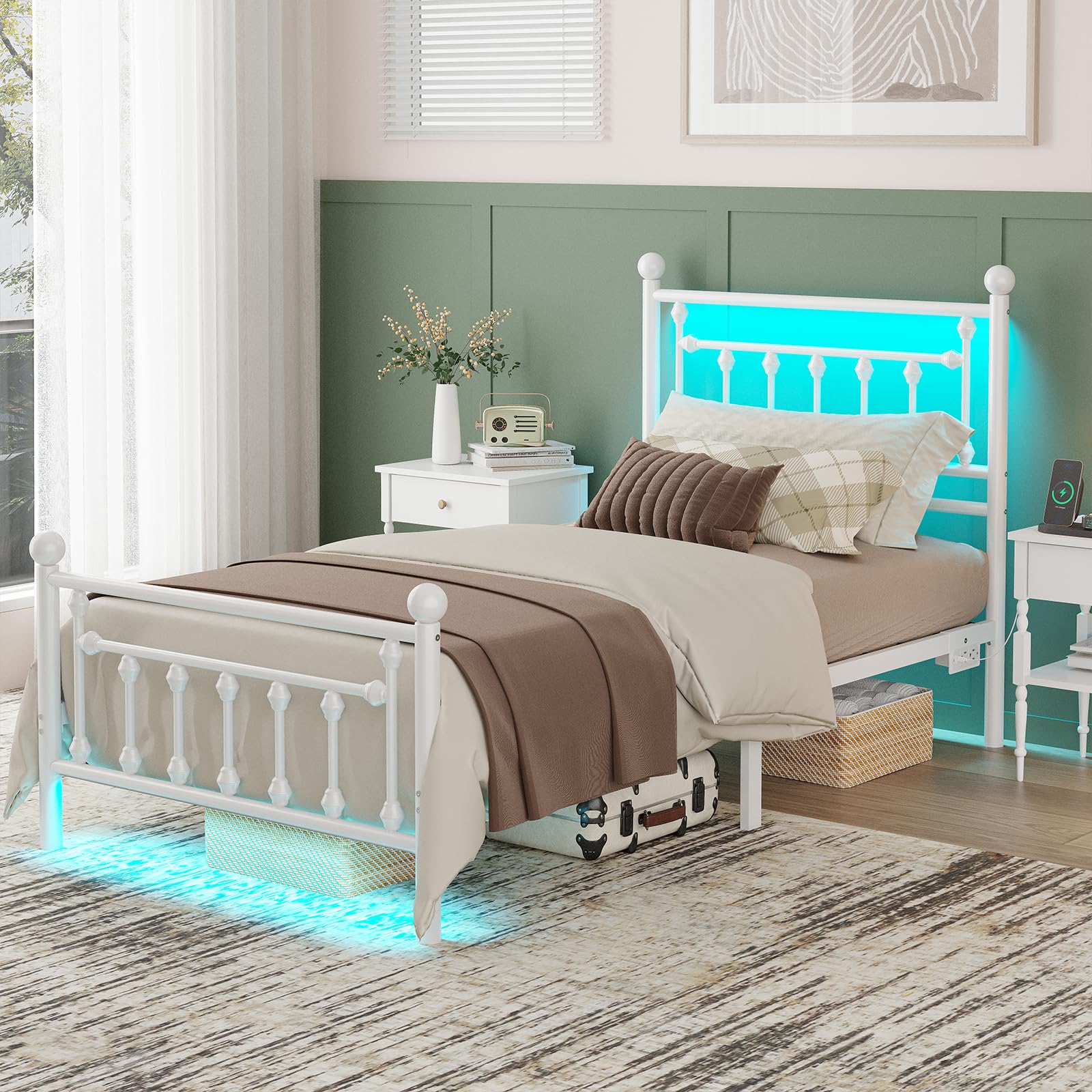 PUNICE Bed Frame Twin Size with Charging Station, LED Bed Frame with Victorian Style Iron-Art Headboard/Footboard, Under-Bed Storage, No Box Spring Needed, Easy Assembly, White