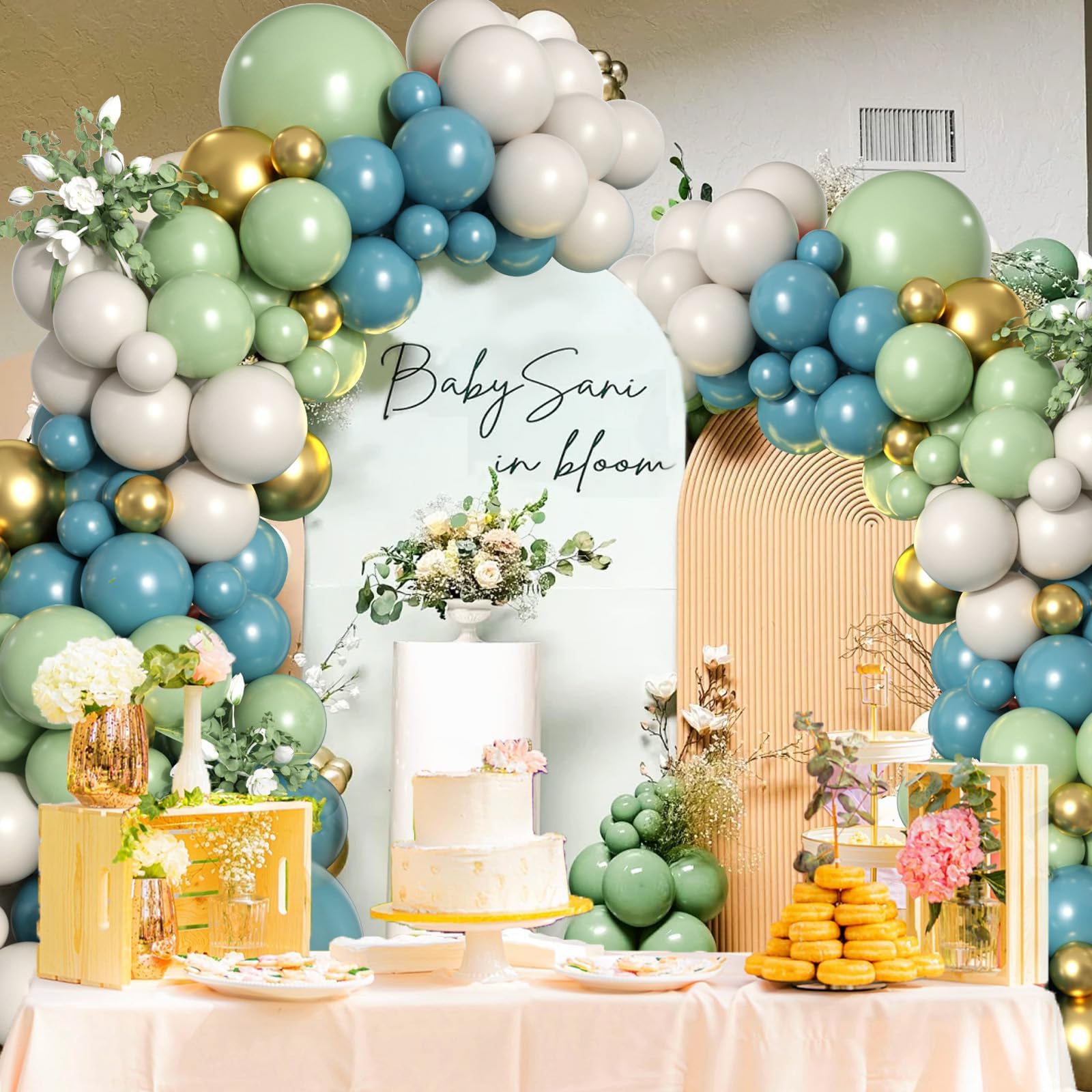 Dusty Blue Green Balloon Arch Garland Kit, Sage Green Dusty Blue Party Balloons with Sand White Gold Balloons Latex Birthday Balloon for Boho Baby Shower Wedding Bridal Birthday Party Decorations