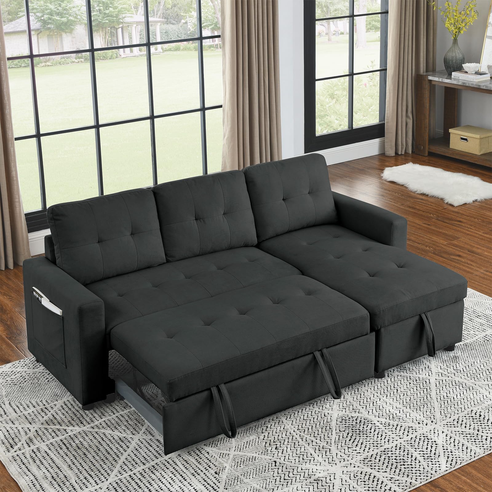 Sectional Couch,78.5 Inch Convertible 3-Seater Pull Out Sleeper Sofa Bed,Comfy Upholstered L-Shaped Couch,Modern Modular Sofa with Reversible Storage Chaise for Living Room/Apartment/Office(Black)