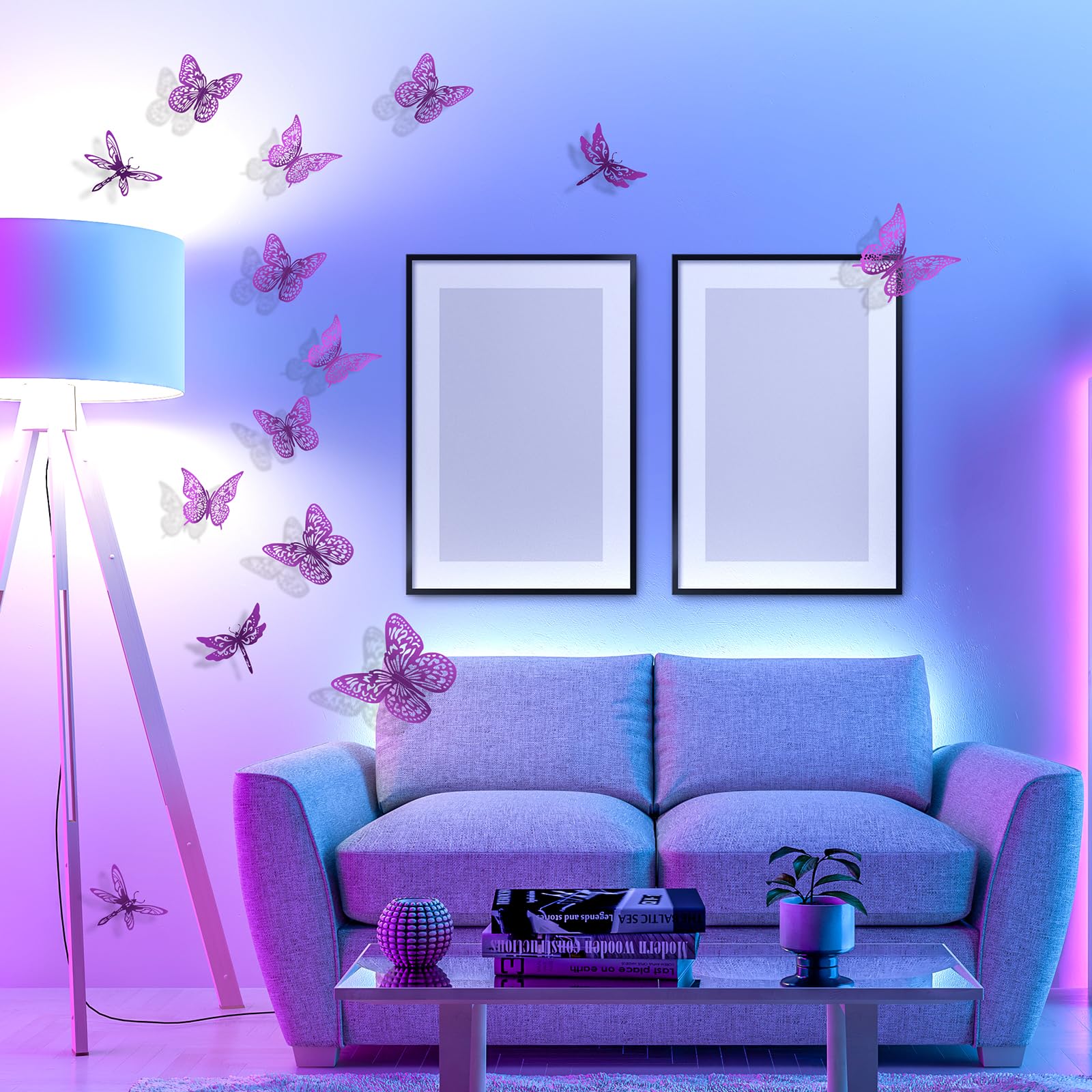 Rumhut Butterfly Decorations Dragonfly Wall Stickers, 48 Pcs Metal Wall Art for Bedroom Living Room (Purple)