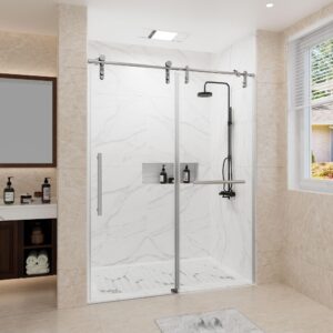 trumbeak shower door 56-60" w x 76" h frameless shower door,sliding shower door with 5/16"(8mm) clear tempered glass,glass shower door w/seal strip parts and handle,stainless steel hardware,silvery