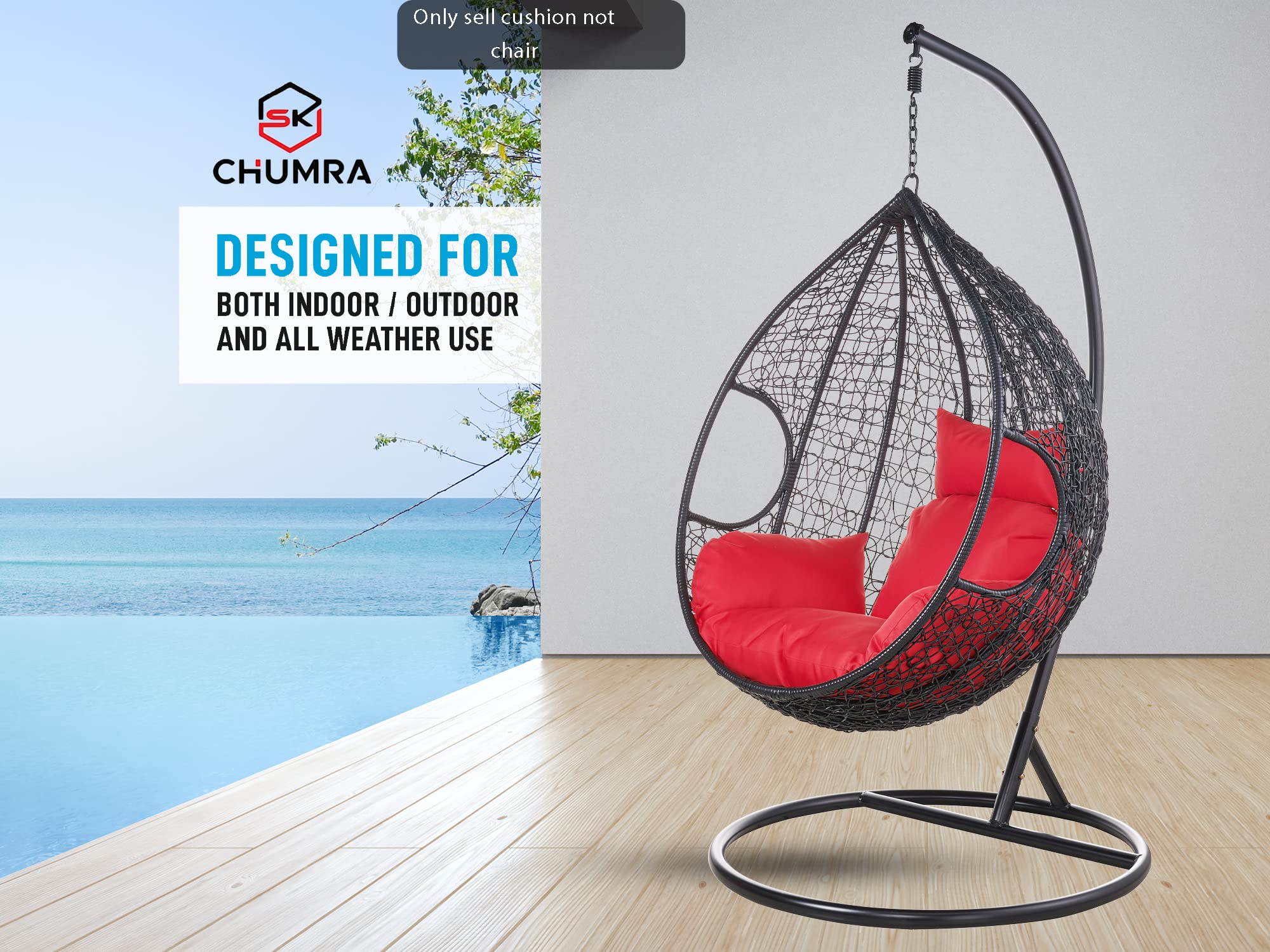 SK CHUMRA Egg Chair Cushion Hanging Basket Chair Pads Wicker Rattan Hanging Seat Cushion Nonslip Soft Headrest & Armrest Outdoor Porch Backyard UV Resistant Patio Hammock Swing Cushions (Red)