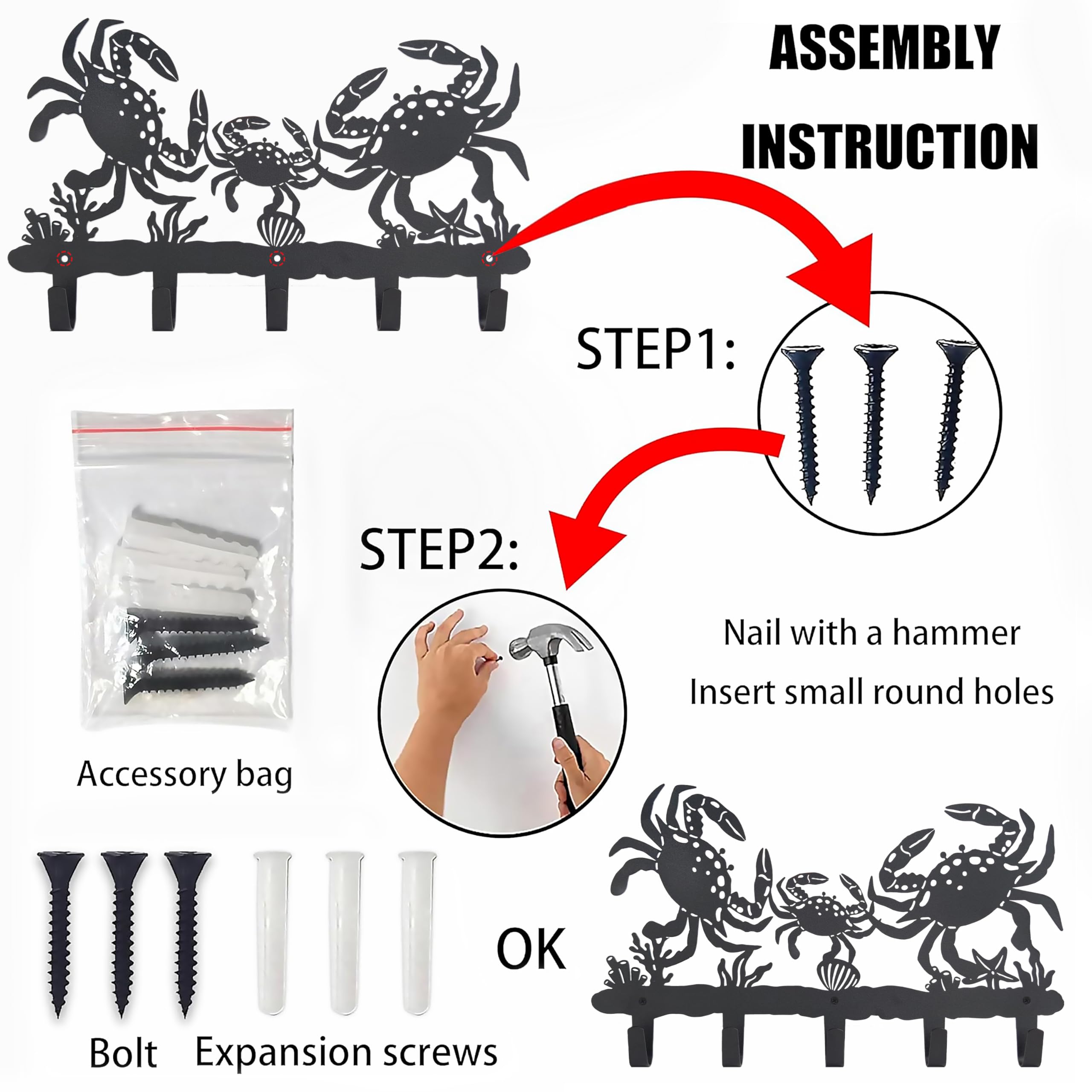 VIVICOMFY Metal Crab Coat Hooks Wall Mount-Crab Hangers and Key Holder-Clothes Hat Rack and Backpack Hanger Decor for Storage, Living Room, Hallway, Office Gift (Black)