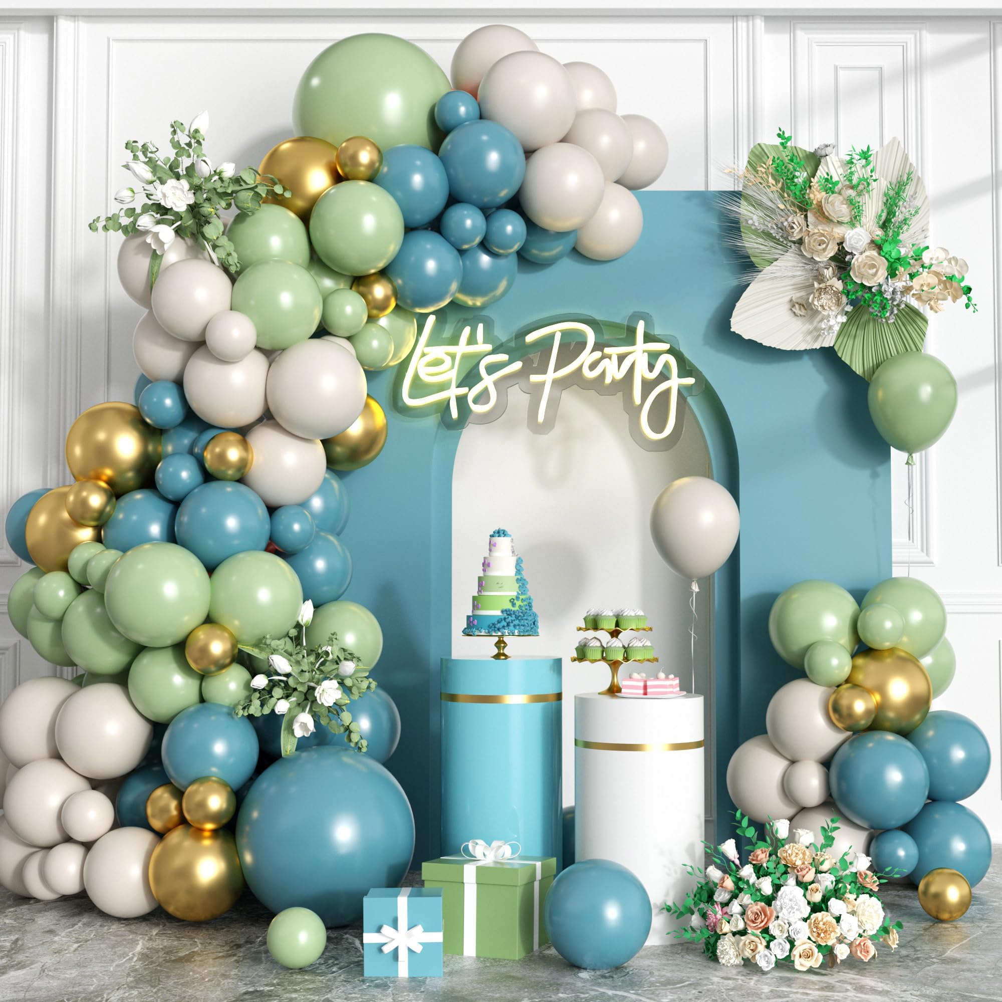 Dusty Blue Green Balloon Arch Garland Kit, Sage Green Dusty Blue Party Balloons with Sand White Gold Balloons Latex Birthday Balloon for Boho Baby Shower Wedding Bridal Birthday Party Decorations