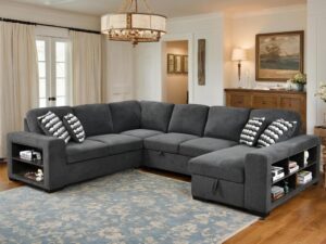 thsuper oversized sectional sleeper sofa with pull out bed, chaise lounge and side storage, u shaped comfy sectional sofa couches set for living room - 6 seater, dark grey fabric