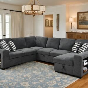 THSUPER Oversized Sectional Sleeper Sofa with Pull Out Bed, Chaise Lounge and Side Storage, U Shaped Comfy Sectional Sofa Couches Set for Living Room - 6 Seater, Dark Grey Fabric