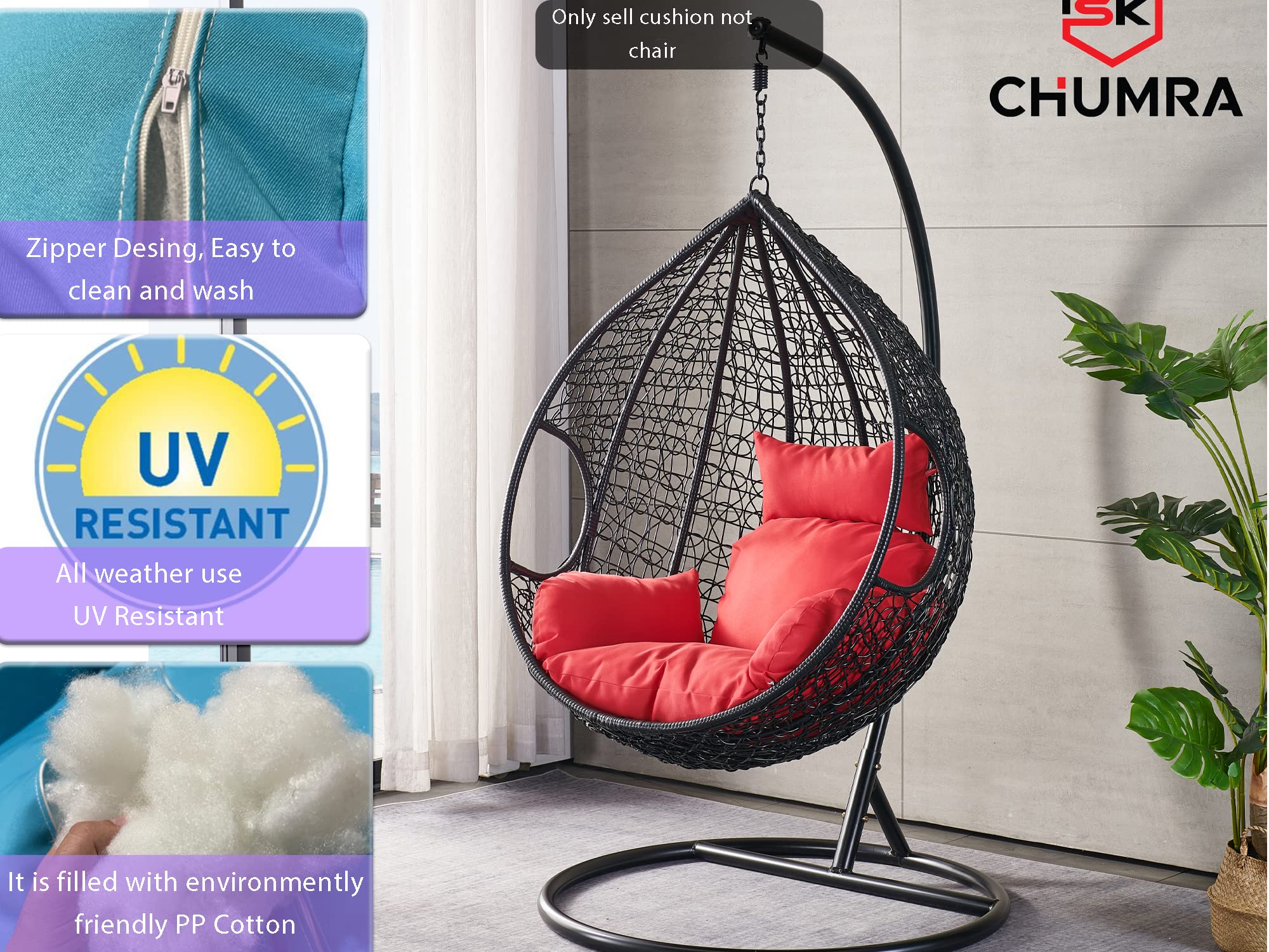 SK CHUMRA Egg Chair Cushion Hanging Basket Chair Pads Wicker Rattan Hanging Seat Cushion Nonslip Soft Headrest & Armrest Outdoor Porch Backyard UV Resistant Patio Hammock Swing Cushions (Red)