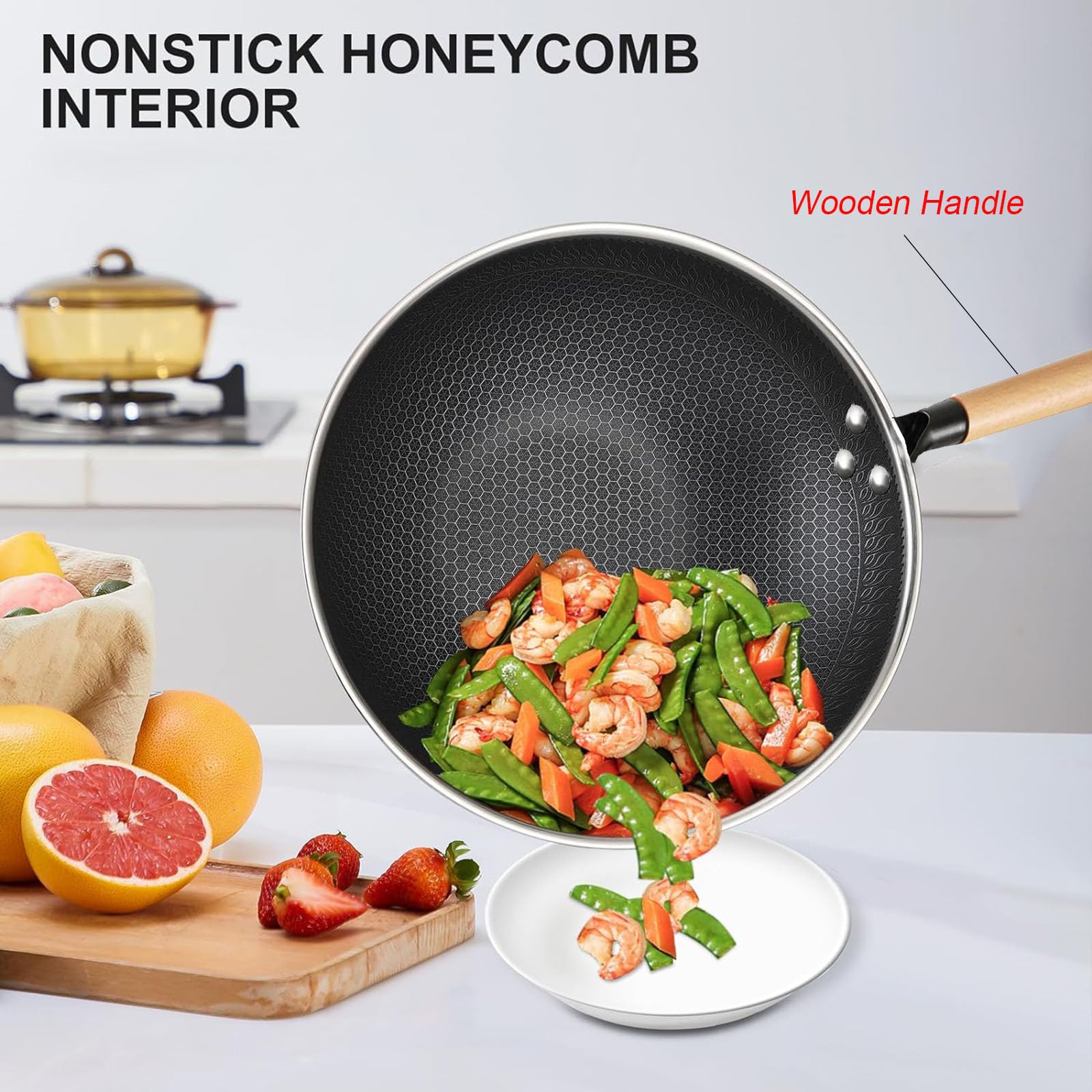 Abangdun 13.4 inch Non Stick Frying Wok Stainless Steel Stir-fry Wok Honeycomb Concave Wok Works on Concave