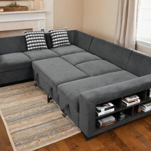 THSUPER Oversized Sectional Sleeper Sofa with Pull Out Bed, Chaise Lounge and Side Storage, U Shaped Comfy Sectional Sofa Couches Set for Living Room - 6 Seater, Dark Grey Fabric