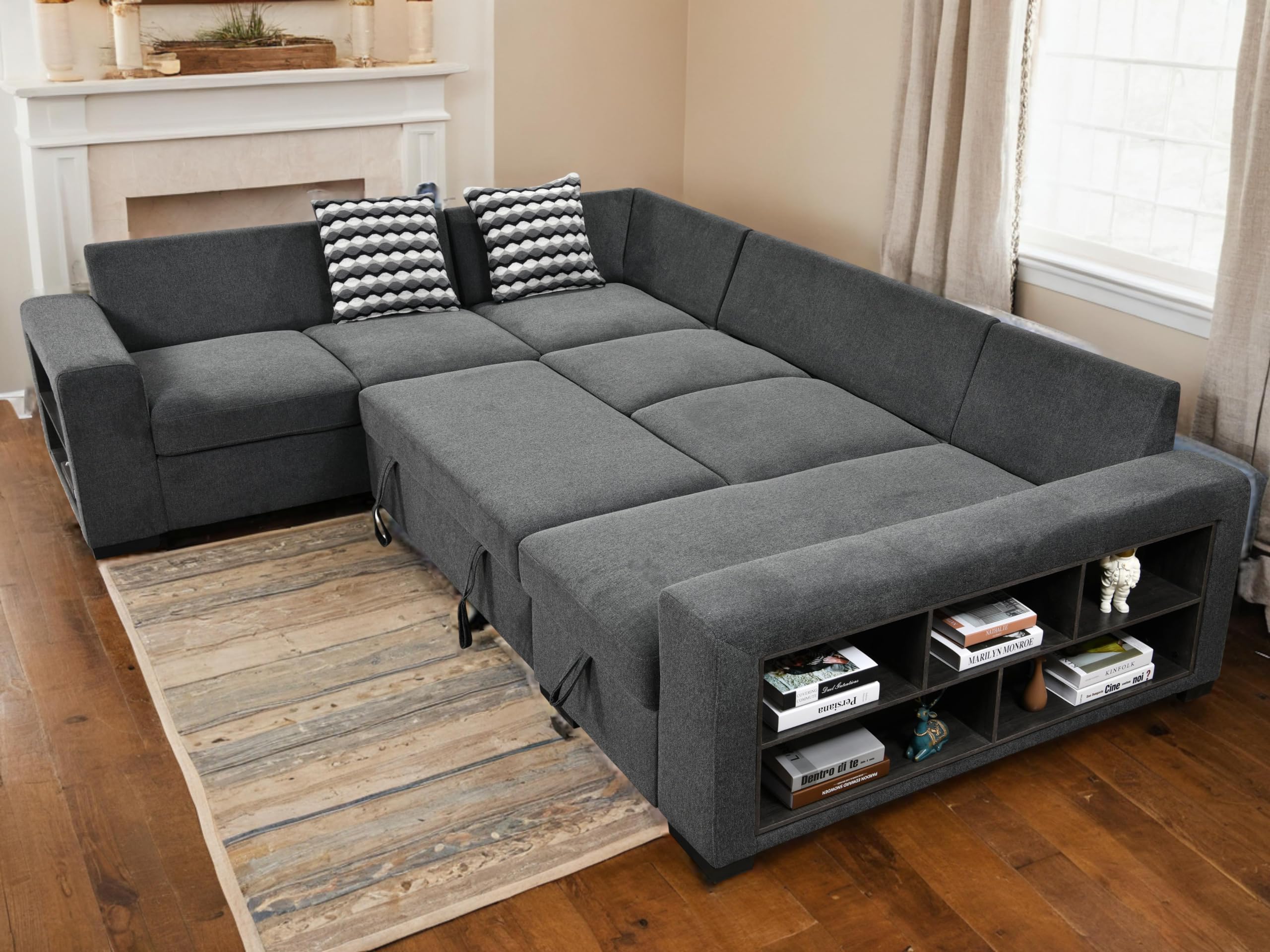 THSUPER Oversized Sectional Sleeper Sofa with Pull Out Bed, Chaise Lounge and Side Storage, U Shaped Comfy Sectional Sofa Couches Set for Living Room - 6 Seater, Dark Grey Fabric