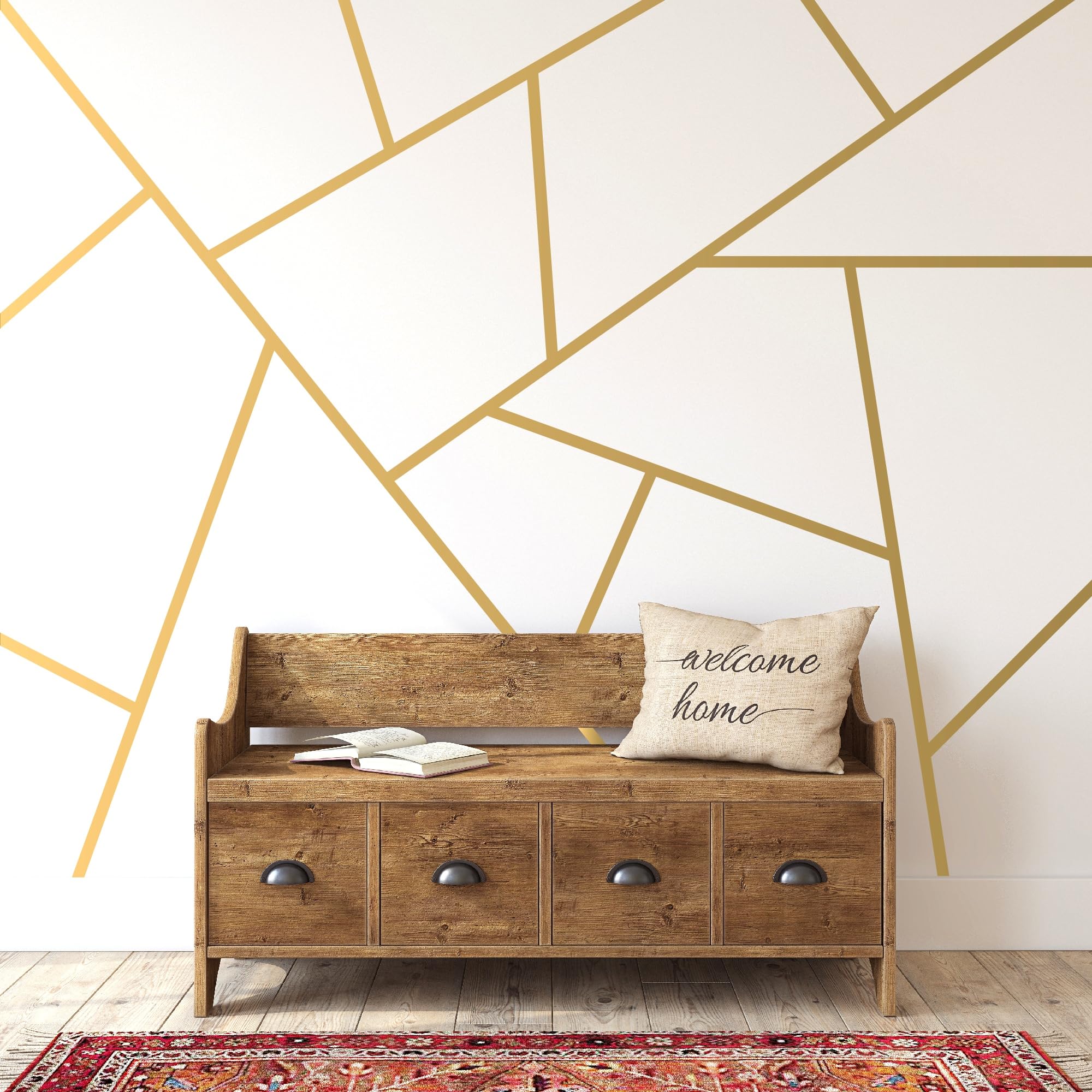 SHYJSHYJ Metalic Gold Large Vinyl Modern Line Wall Decals, Peel and Stick Removable Geometric Wall Stickers Bedroom Living Room Office Minimalist Accent Wall Art Decor