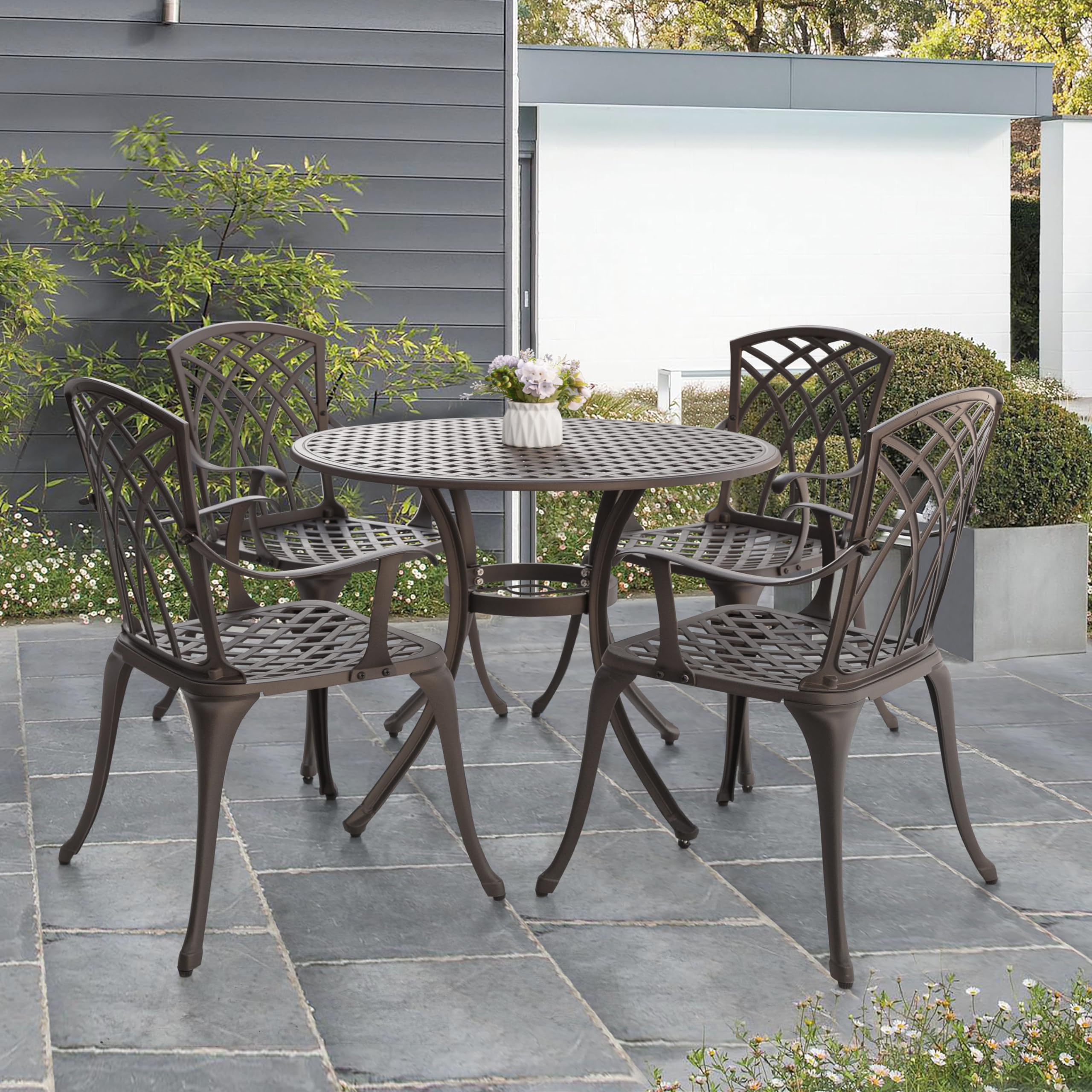 NUU GARDEN 5 Piece Outdoor Patio Dining Set, All-Weather Round Cast Aluminum Dining Table with 1.97" Umbrella Hole and Outdoor Patio Dining Chairs for Patio, Garden, Backyard, Balcony, Bronze