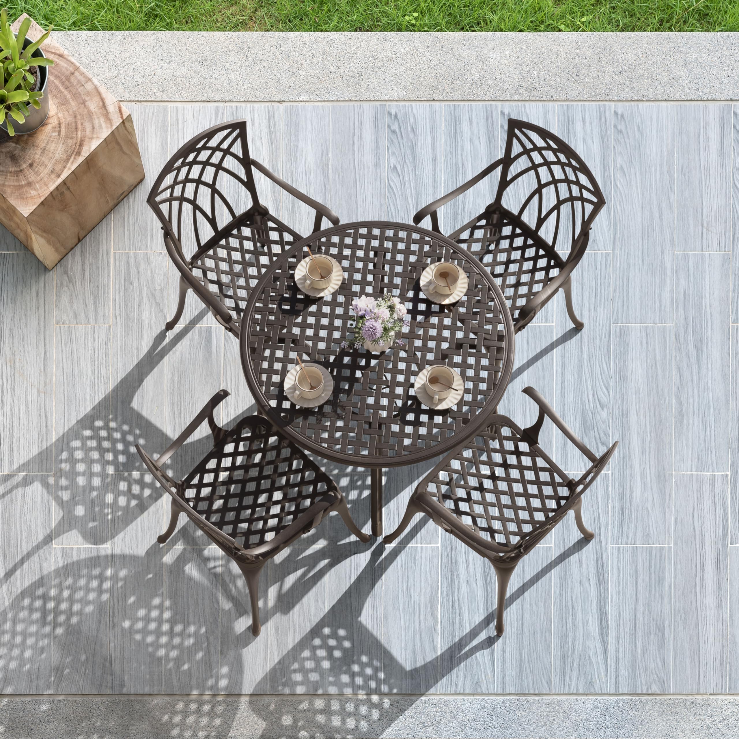 NUU GARDEN 5 Piece Outdoor Patio Dining Set, All-Weather Round Cast Aluminum Dining Table with 1.97" Umbrella Hole and Outdoor Patio Dining Chairs for Patio, Garden, Backyard, Balcony, Bronze