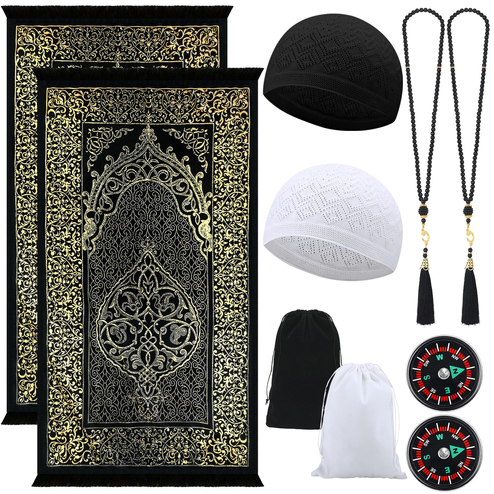 Mindsoft 10 Pcs Muslim Prayer Rug Islamic Prayer Mat with Kufi Hats Prayer Cap, Muslim Tasbih Prayer Beads, Portable Compass and Storage Bags for Men Women Kids Ramadan Eid Travel Gifts Black, Gold