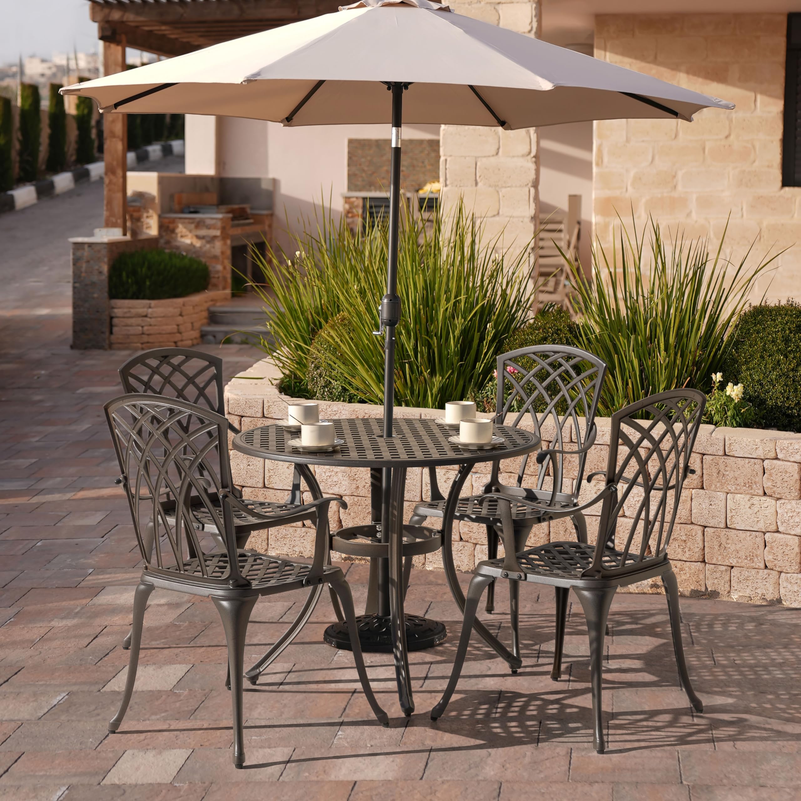 NUU GARDEN 5 Piece Outdoor Patio Dining Set, All-Weather Round Cast Aluminum Dining Table with 1.97" Umbrella Hole and Outdoor Patio Dining Chairs for Patio, Garden, Backyard, Balcony, Bronze