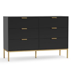 anmytek modern 6 drawer dresser, black dressers for bedroom, chest of drawers closet organizers and wood storage clothes, black dresser with golden handles for living room, hallway