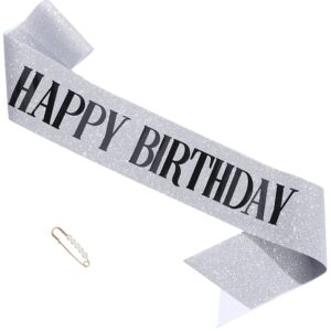 zhbdpaty "happy birthday" glitter sash with pearl pin for women girls party supply favors (2 silver black)