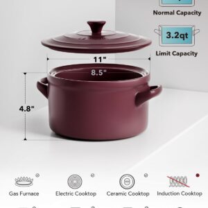 LE TAUCI 3 Quart Dutch Oven Pot with Lid, for No Knead Bread Baking, Sourdough Loaf, Non-Coated & Non-Toxic Ceramic Small Bread Oven Pan, Use as Non-Stick Soup & Stew Pot, Burgundy Red