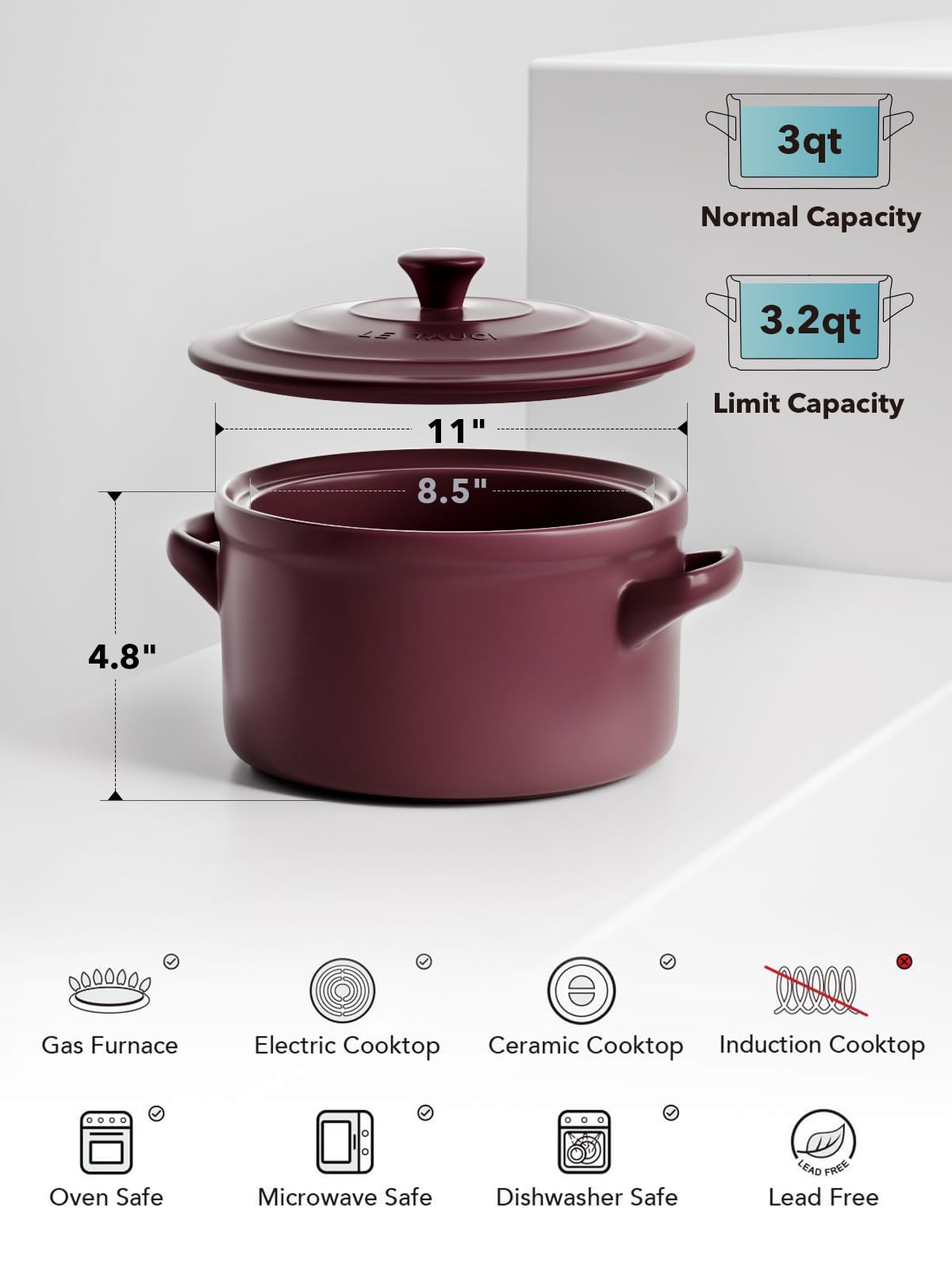 LE TAUCI 3 Quart Dutch Oven Pot with Lid, for No Knead Bread Baking, Sourdough Loaf, Non-Coated & Non-Toxic Ceramic Small Bread Oven Pan, Use as Non-Stick Soup & Stew Pot, Burgundy Red