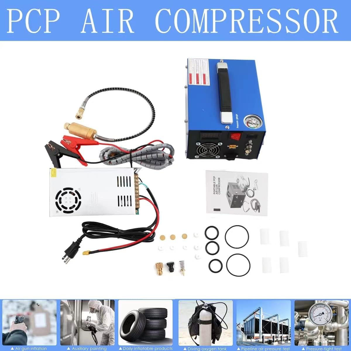 Generic pcp compressor 12v 300 bar 4500 psi 30Mpa pcp pump high pressure pcp air compressor, 36*26*26cm, Black