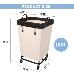 FLYBOX Laundry Hamper with Wheels, 160L Clothes Large Laundry Basket with Steel Frame and Removable Canvas Laundry Bag, Dirty Cloth Hamper for Home, Closet, Dorm, Bathroom, Laundry Room, Beige