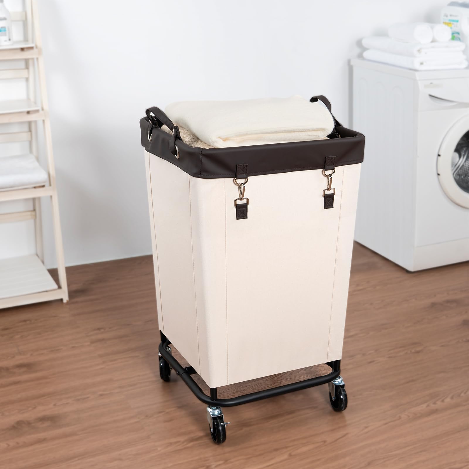 FLYBOX Laundry Hamper with Wheels, 160L Clothes Large Laundry Basket with Steel Frame and Removable Canvas Laundry Bag, Dirty Cloth Hamper for Home, Closet, Dorm, Bathroom, Laundry Room, Beige