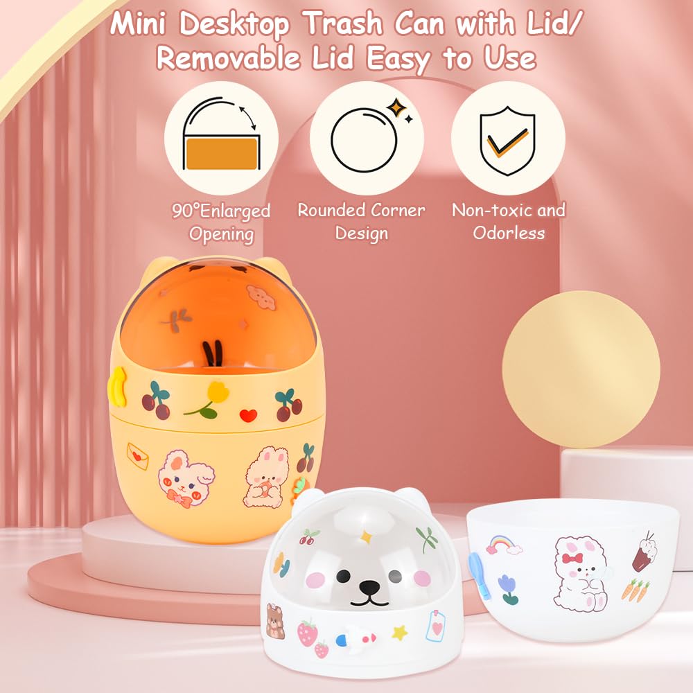 IBEQUEM Mini Trash Can, Cute Small Trash Can with Lid, Desktop Paper Bin with 5 Rolls of Bin Liners, Portable Tabletop Dustbin, Cartoon Animal Rubbish Storage for Kitchen (White)