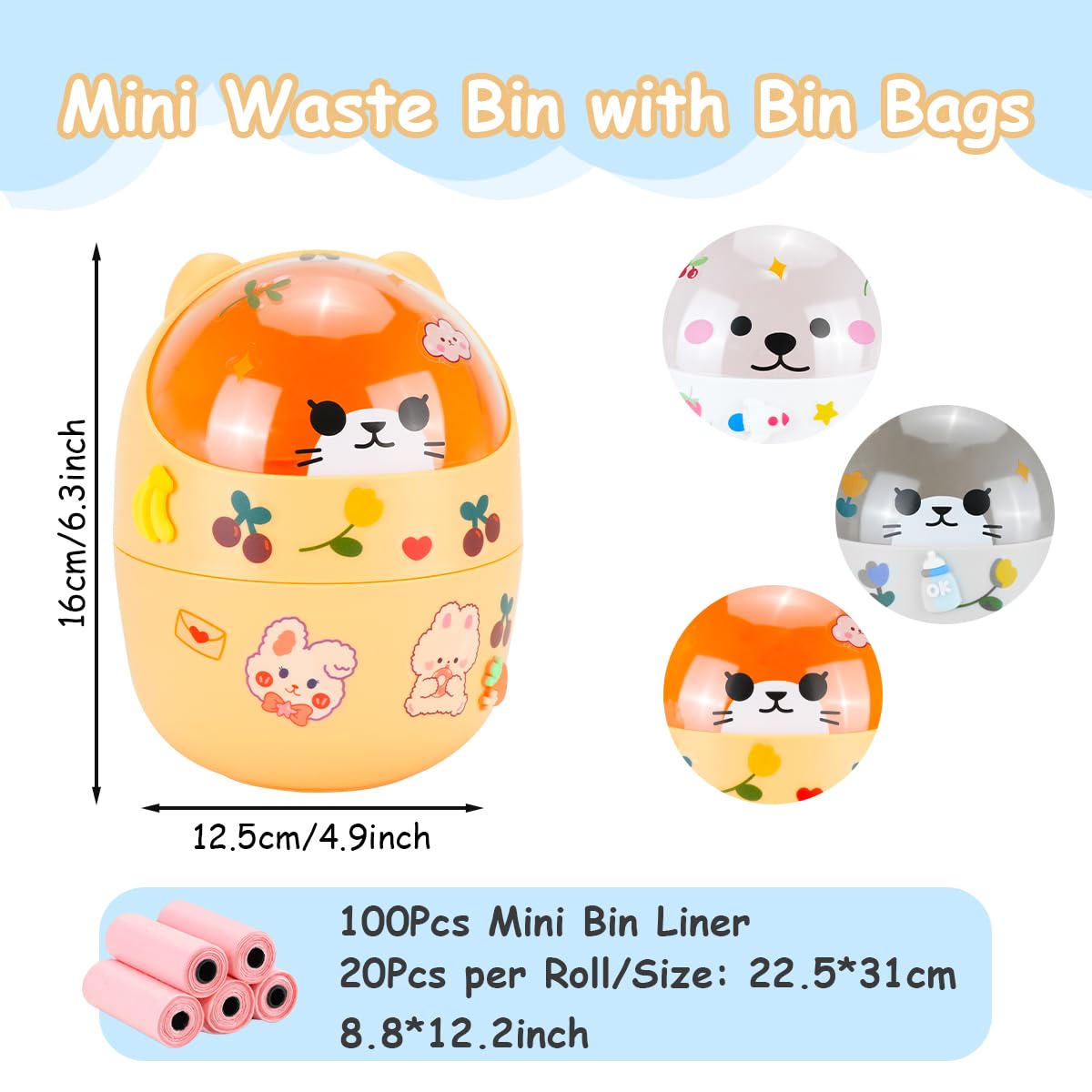 IBEQUEM Mini Trash Can, Cute Small Trash Can with Lid, Desktop Paper Bin with 5 Rolls of Bin Liners, Portable Tabletop Dustbin, Cartoon Animal Rubbish Storage for Kitchen (White)