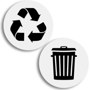 recycle and trash logo stickers 8 pack - 2.5in circle - for metal or plastic garbage cans, and bins - indoor & outdoor - laminated and uv protected premium decal (white, xsmall)