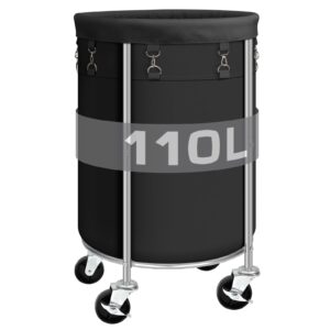 laundry hamper with wheels, rolling laundry basket, round laundry sorter cart with steel frame and removable bag, 4 casters and 2 brakes, ideal for bedroom, bathroom, laundry room, black